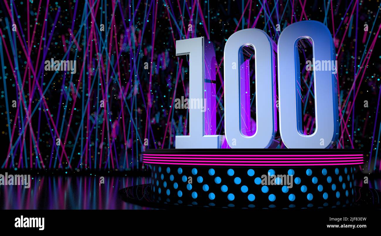 Solid number 100 reflective on a round stage with blue and magenta ...