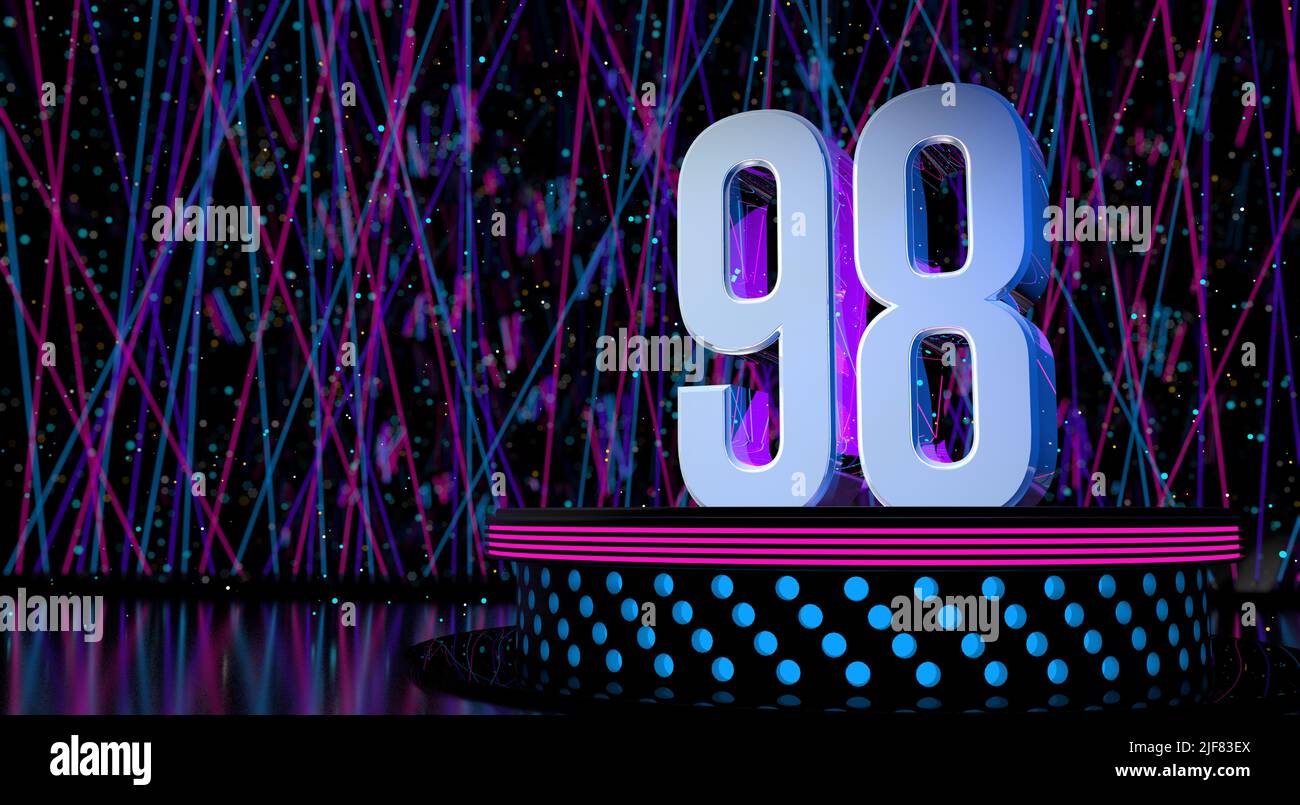 Solid number 98 reflective on a round stage with blue and magenta ...