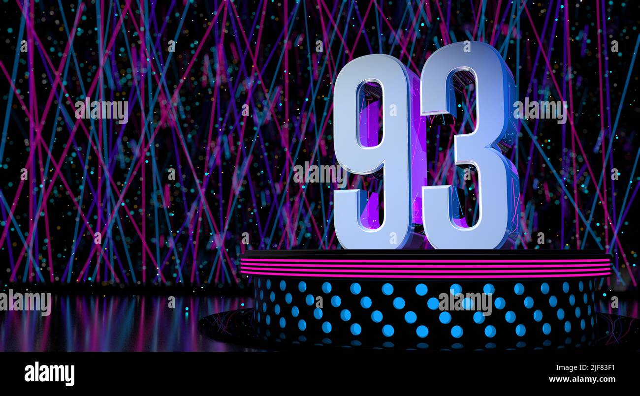 Solid number 93 reflective on a round stage with blue and magenta ...