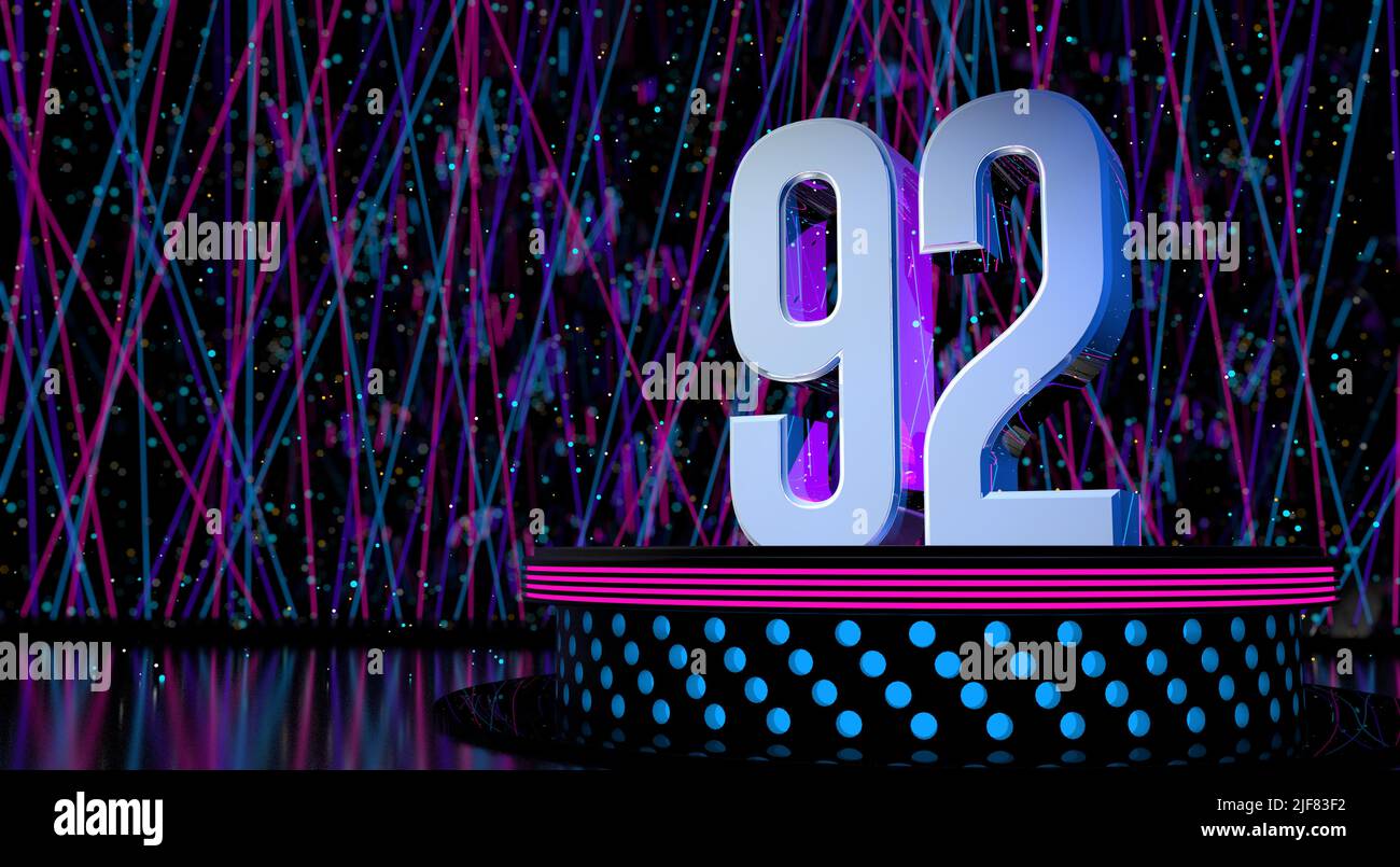 Solid number 92 reflective on a round stage with blue and magenta ...