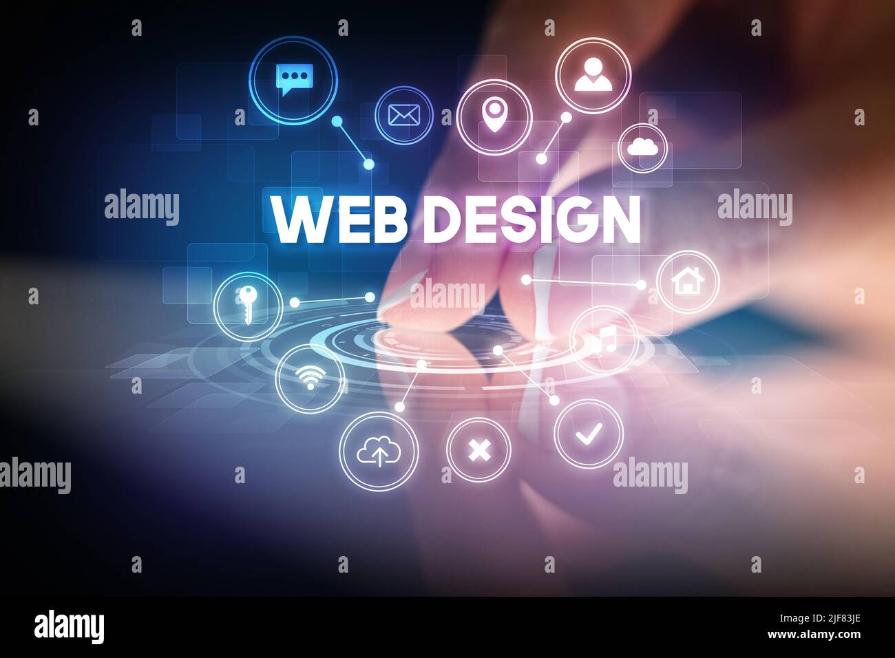 Finger touching tablet with web technology icons concept Stock Photo ...