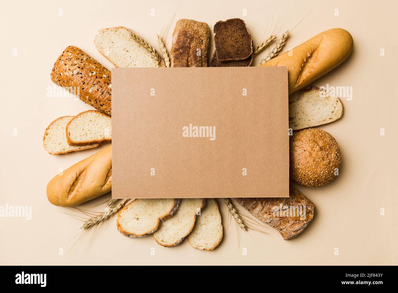 Minimalist paper blank mockup on background of Types of homemade bread ...