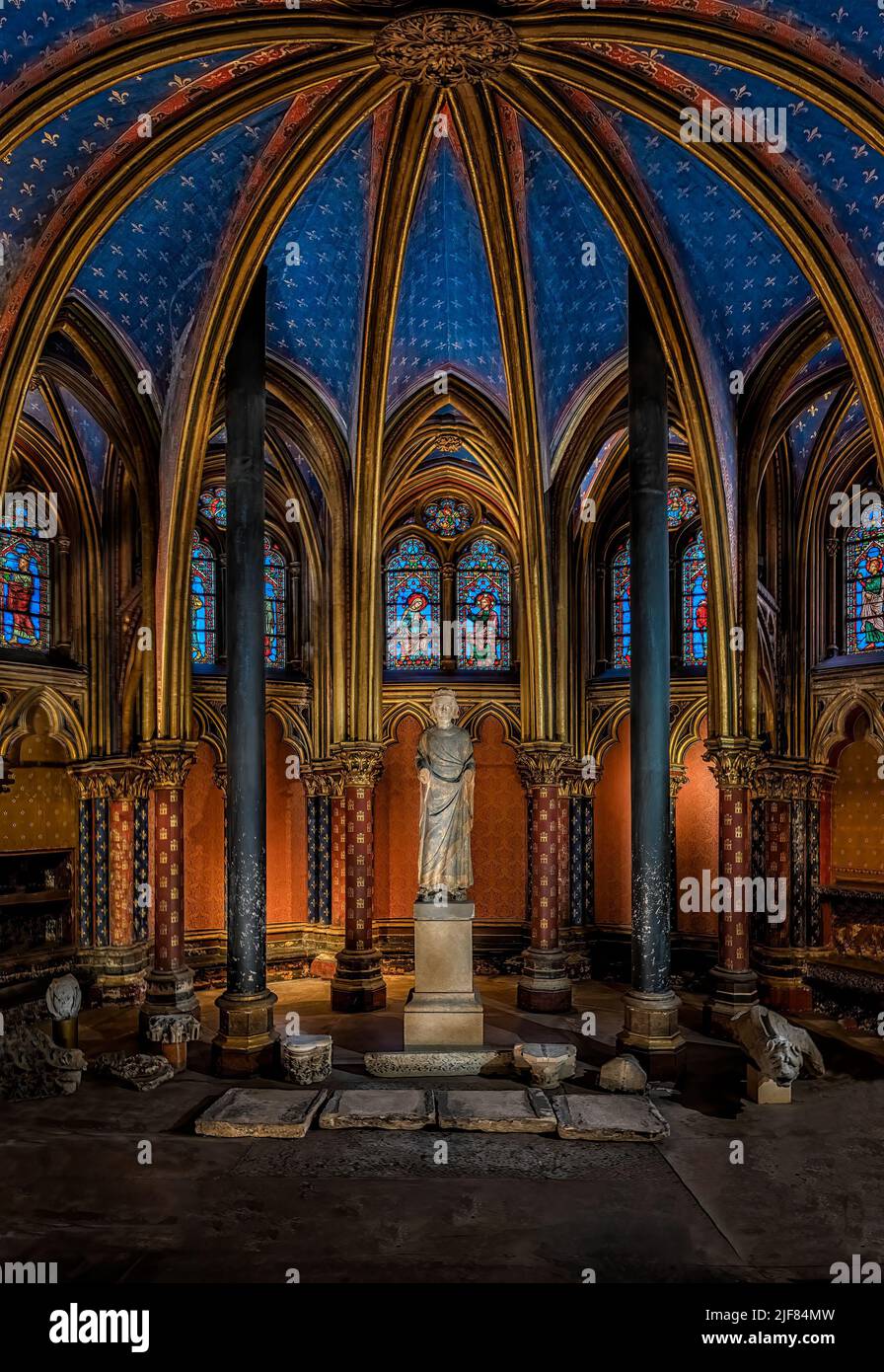 Statue of Louis XI in the lower chapel of Sainte-Chapelle. Ceiling of ...