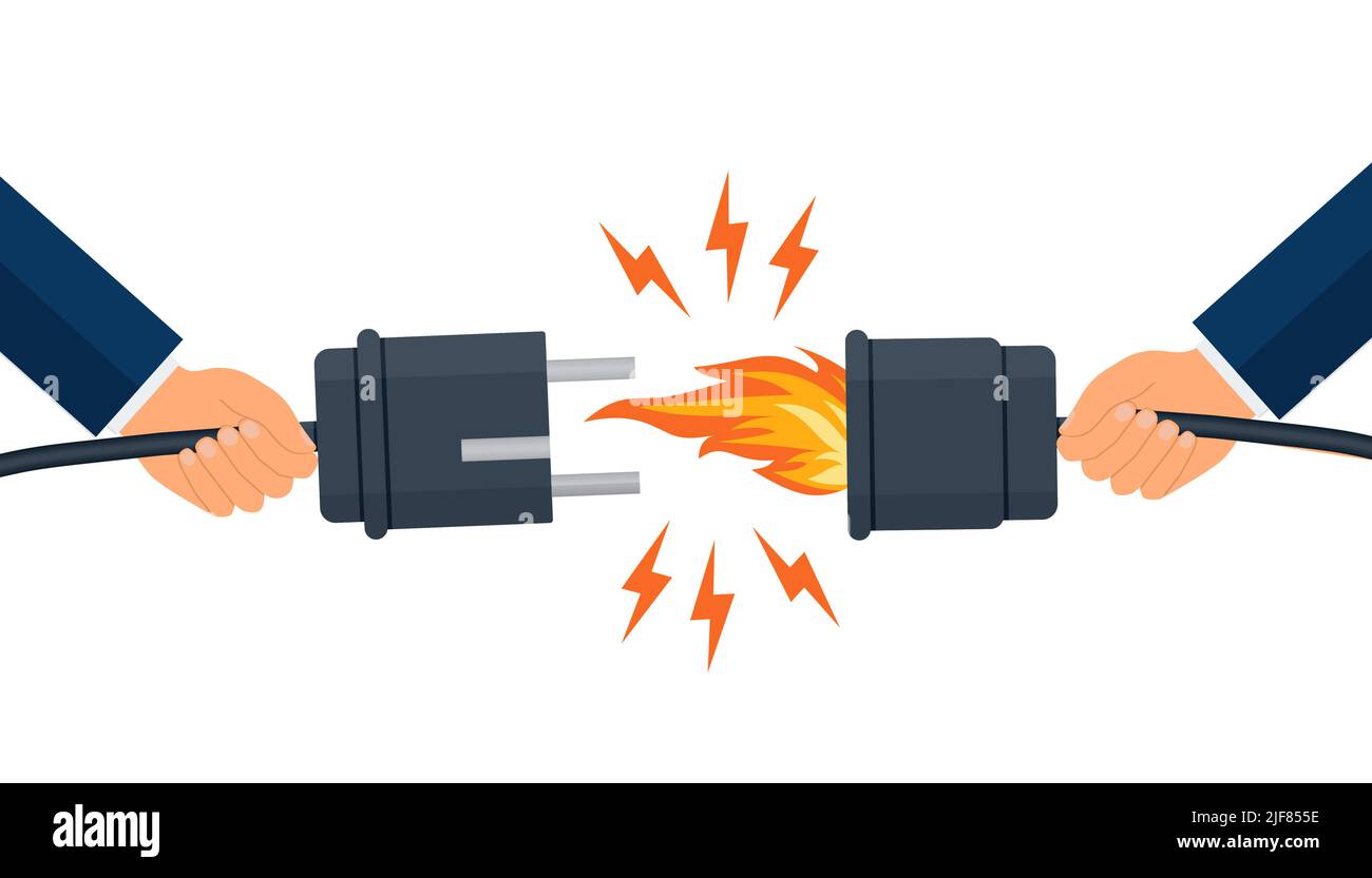 electric short circuit. Faulty damaged cable. Fire from overload ...