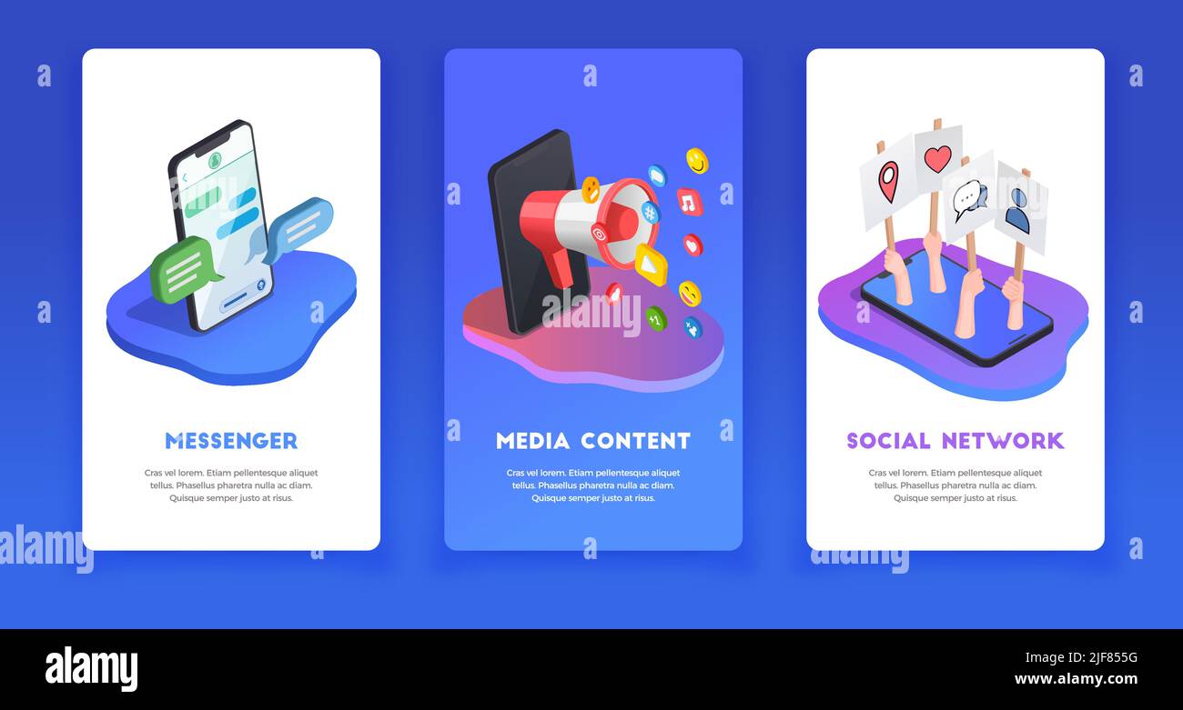 Set with three social network isometric banners with editable text and ...