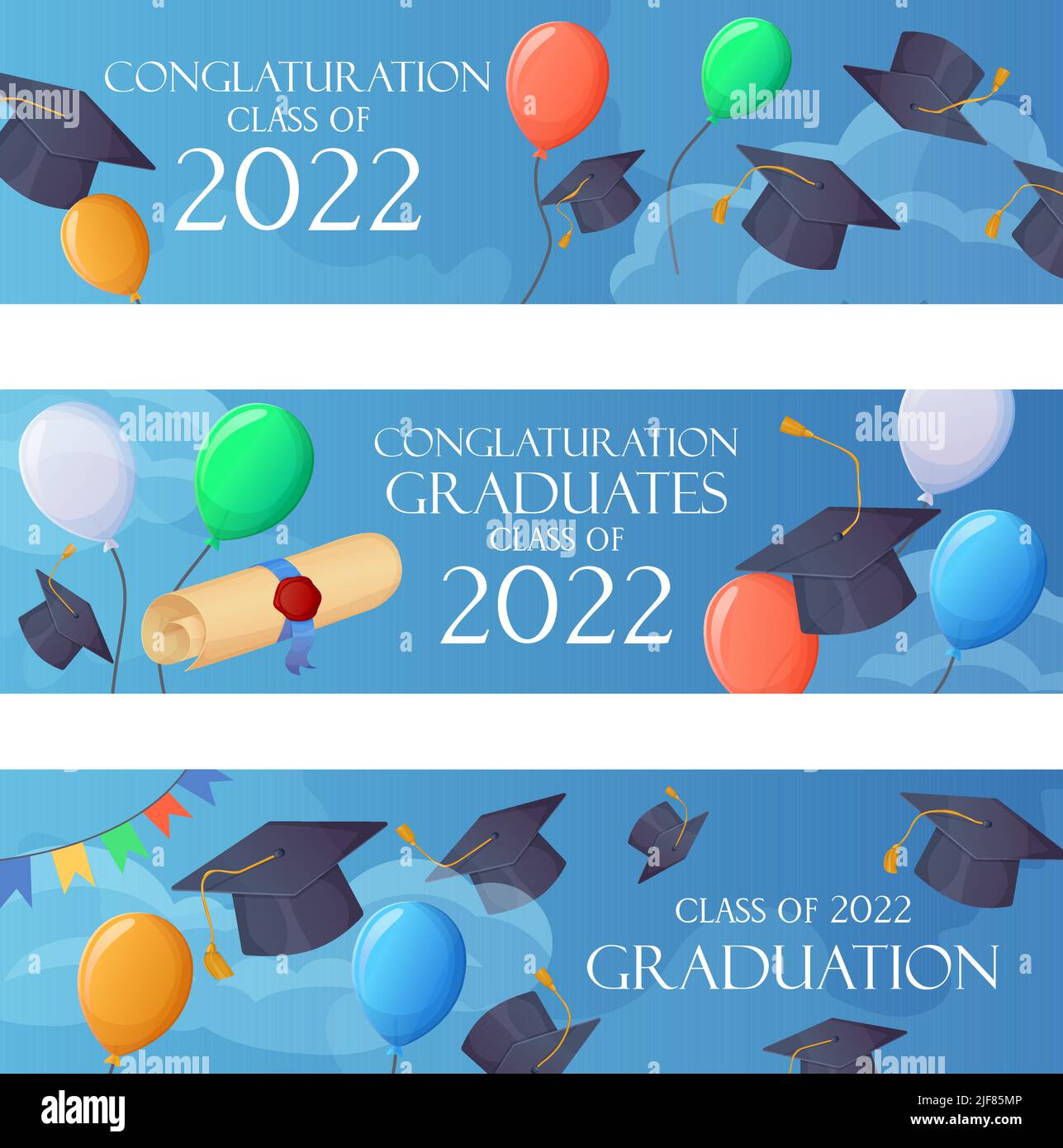 Graduation party invitation 2022 funny banners set. Sky with balloons ...