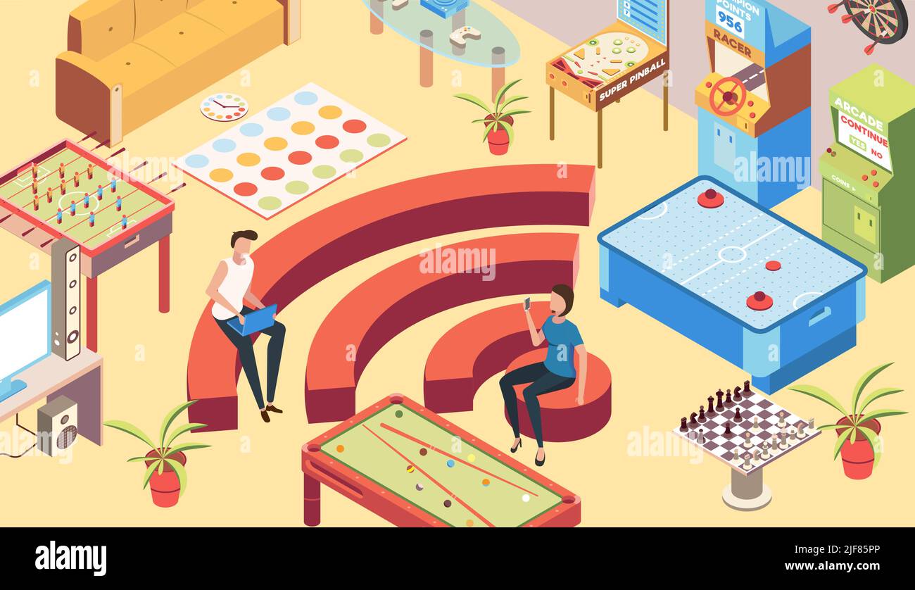 Recreation room isometric background with wifi zone symbols vector ...