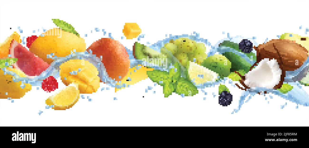 Fruits splashes realistic composition with ripe fruits and slices in ...