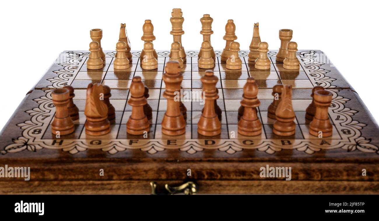 Beige Brown Wooden chess different pieces figures standing on ...
