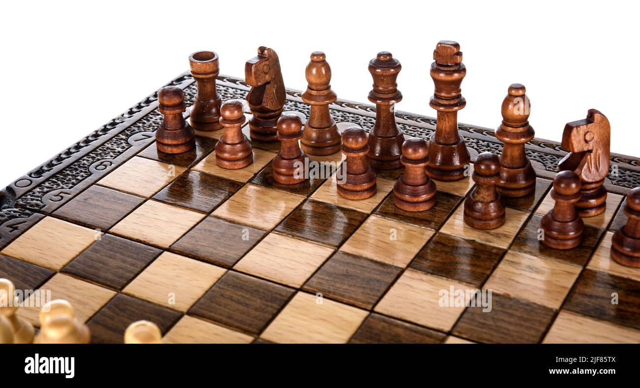Beige Brown Wooden chess different pieces figures standing on ...