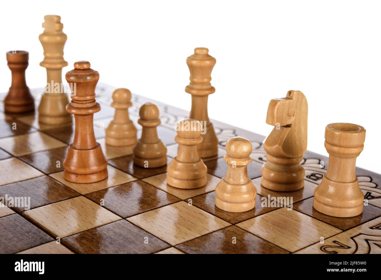 Beige Brown Wooden chess different pieces figures standing on ...