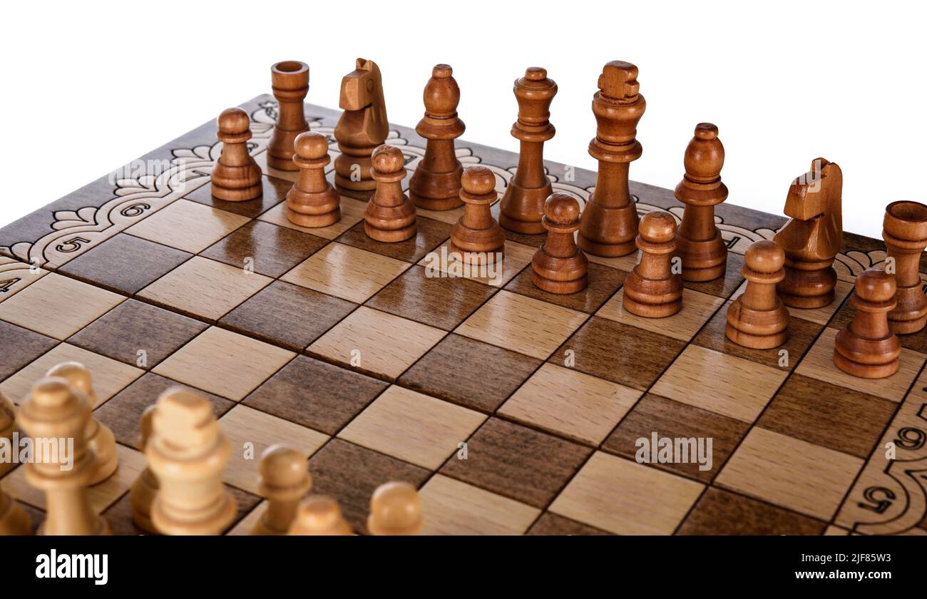 Beige Brown Wooden chess different pieces figures standing on ...