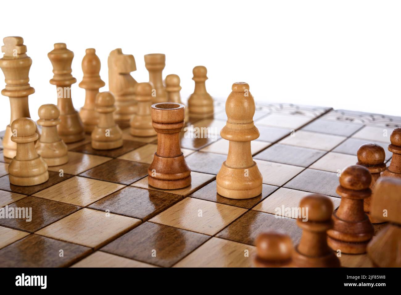 Beige Brown Wooden chess different pieces figures standing on ...