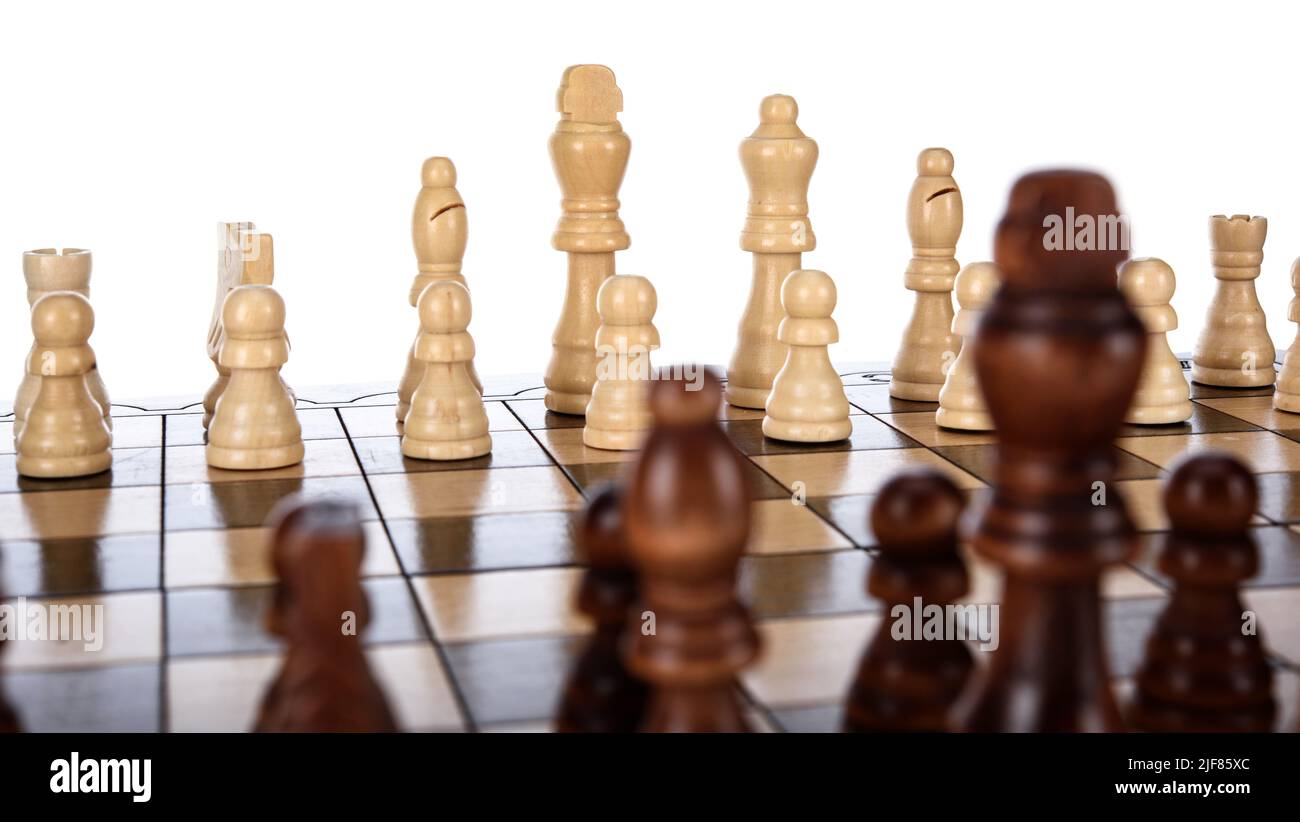 Beige Brown Wooden chess different pieces figures standing on ...