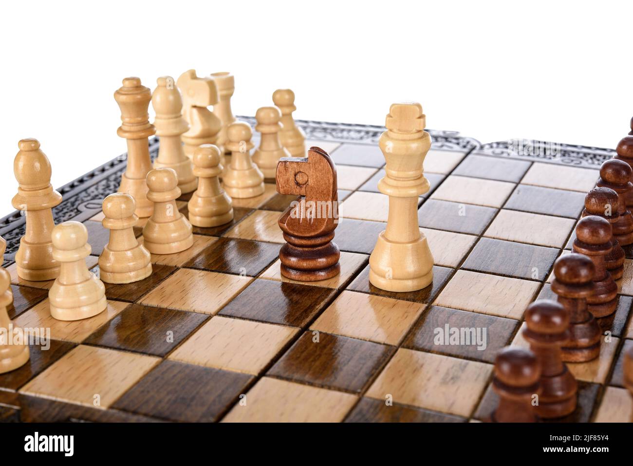 Beige Brown Wooden chess different pieces figures standing on ...