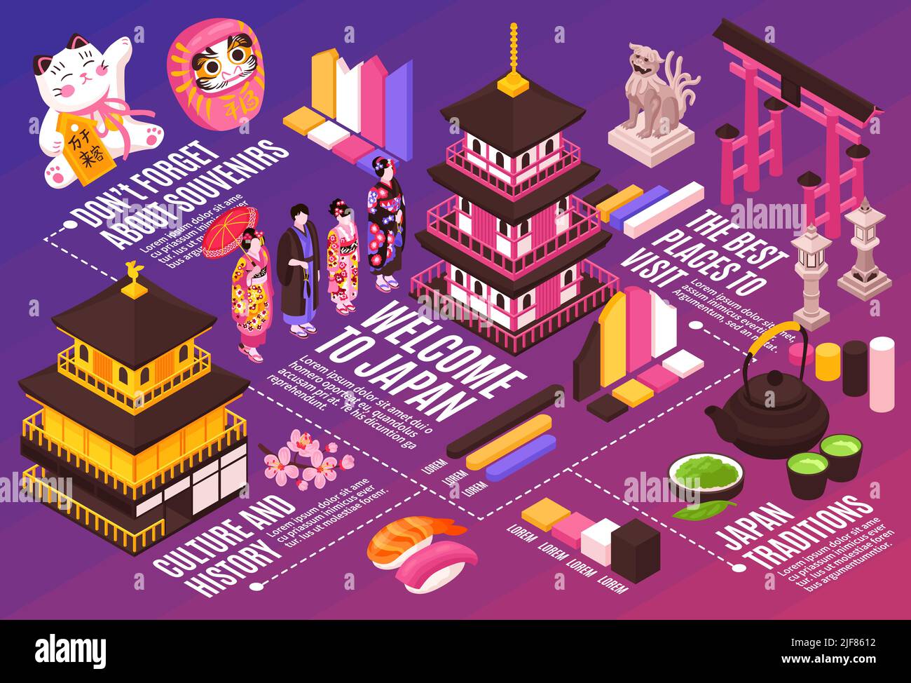 Isometric japan travel horizontal composition with traditional oriental ...