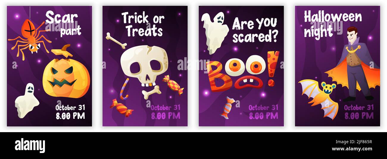 Halloween night party 4 festive bright scary posters set with spiders ...