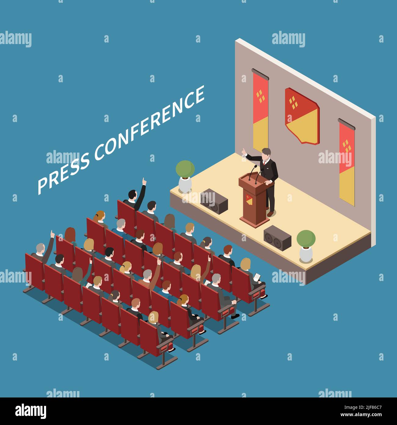 Press conference at central hall isometric composition with speaker on ...