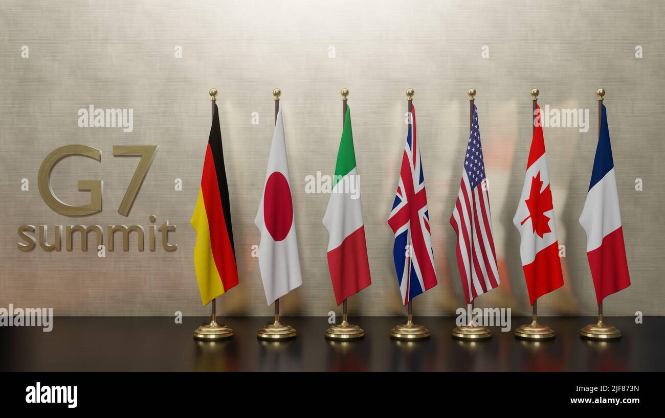 G7 summit. flags of members of G7 group of seven and list of countries ...