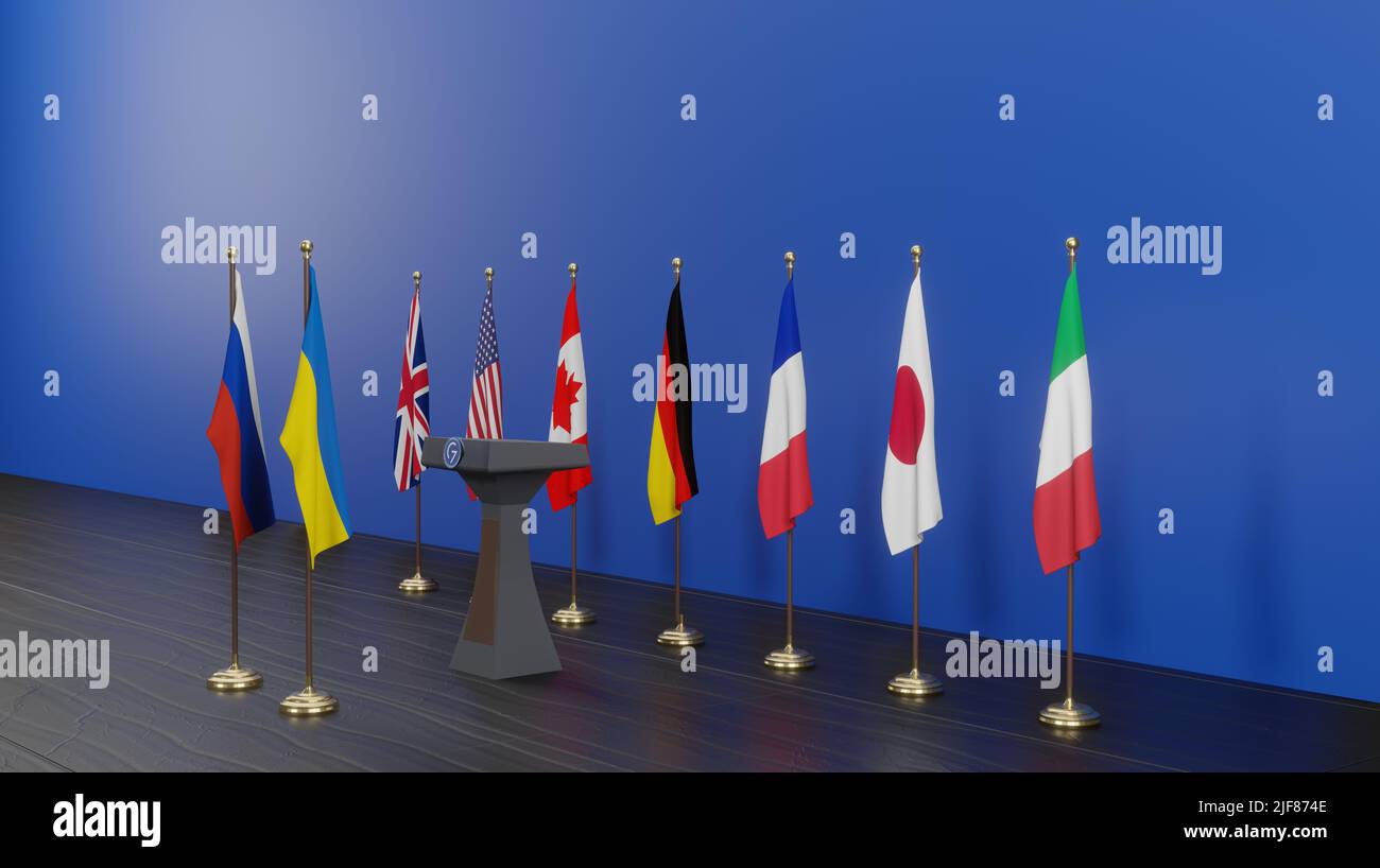 G7 summit. flags of members of G7 group of seven and list of countries ...
