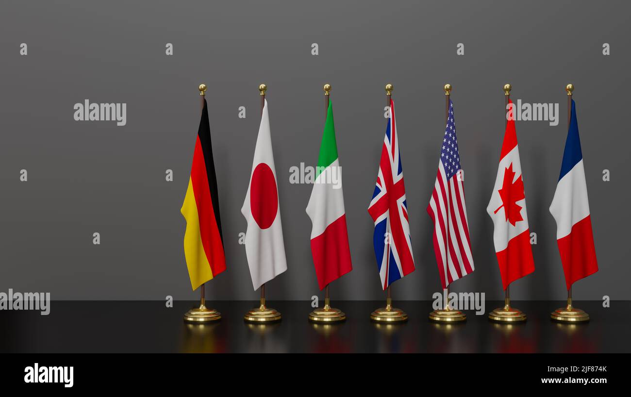 G7 summit. flags of members of G7 group of seven and list of countries ...
