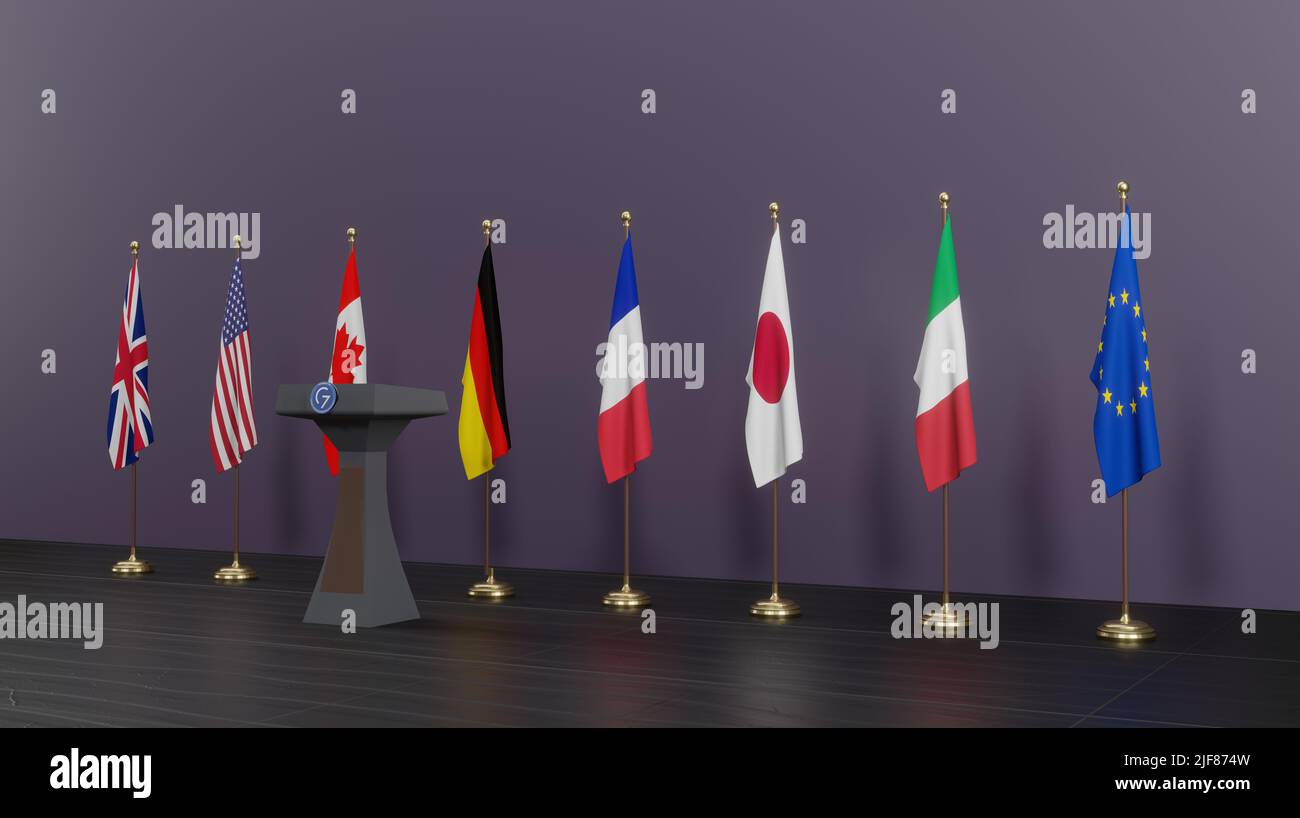G7 summit. flags of members of G7 group of seven and list of countries ...