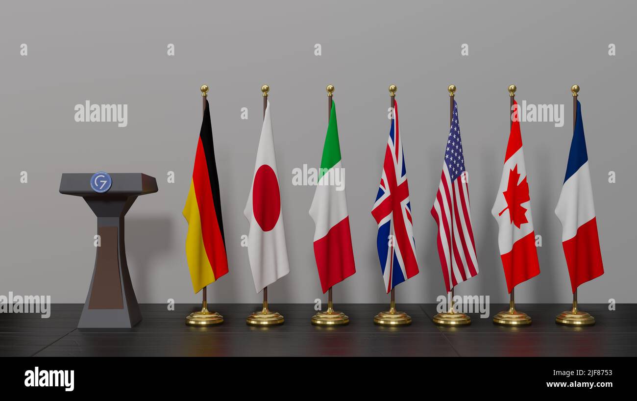 G7 summit. flags of members of G7 group of seven and list of countries ...