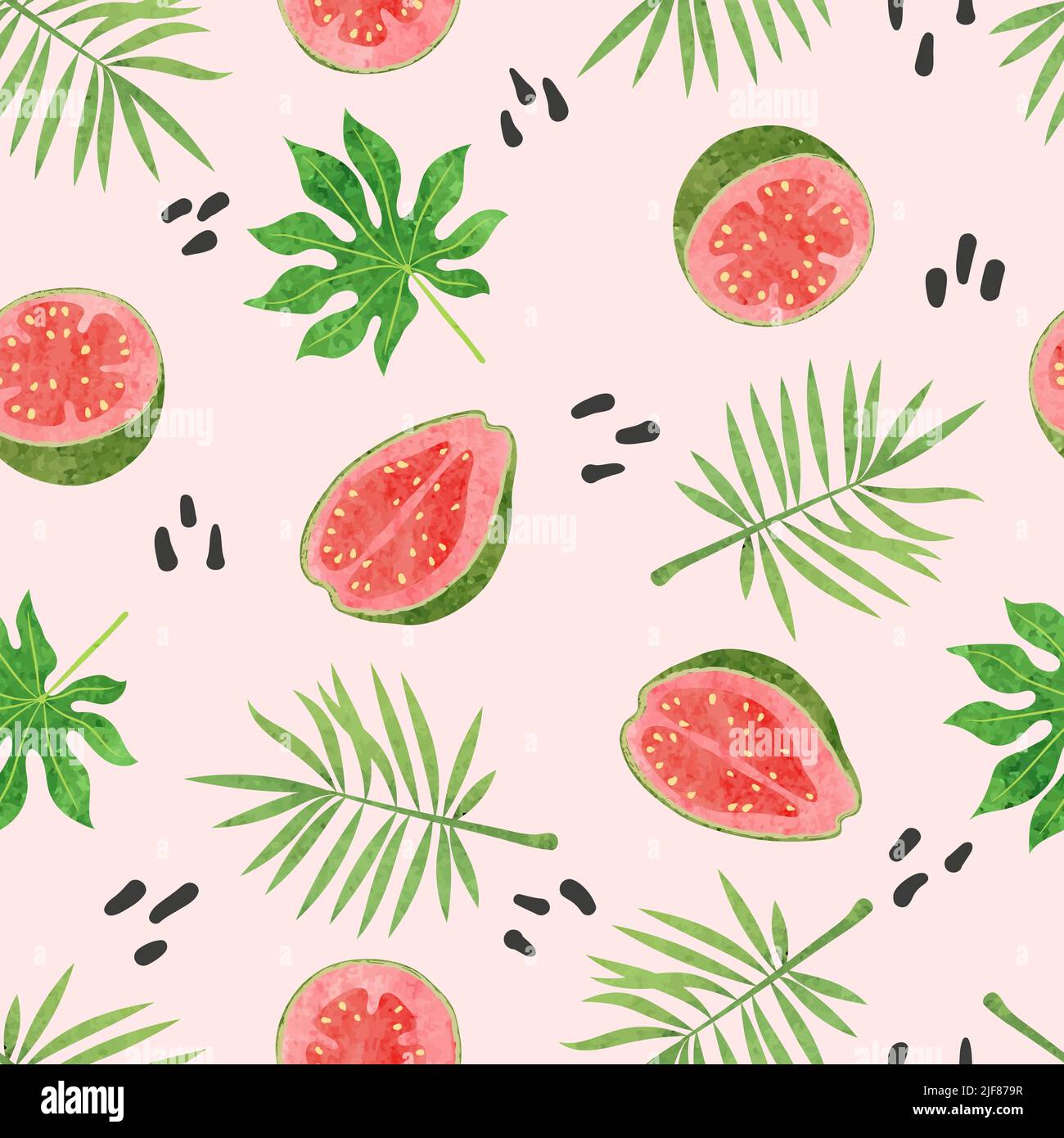 Seamless guava fruit pattern. Vector watercolor exotic fruit and leaves ...
