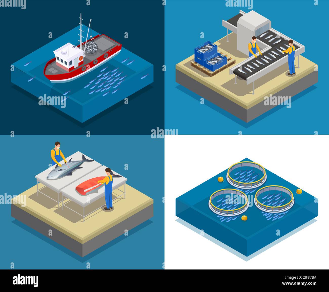 Fish industry seafood production isometric design concept with square ...