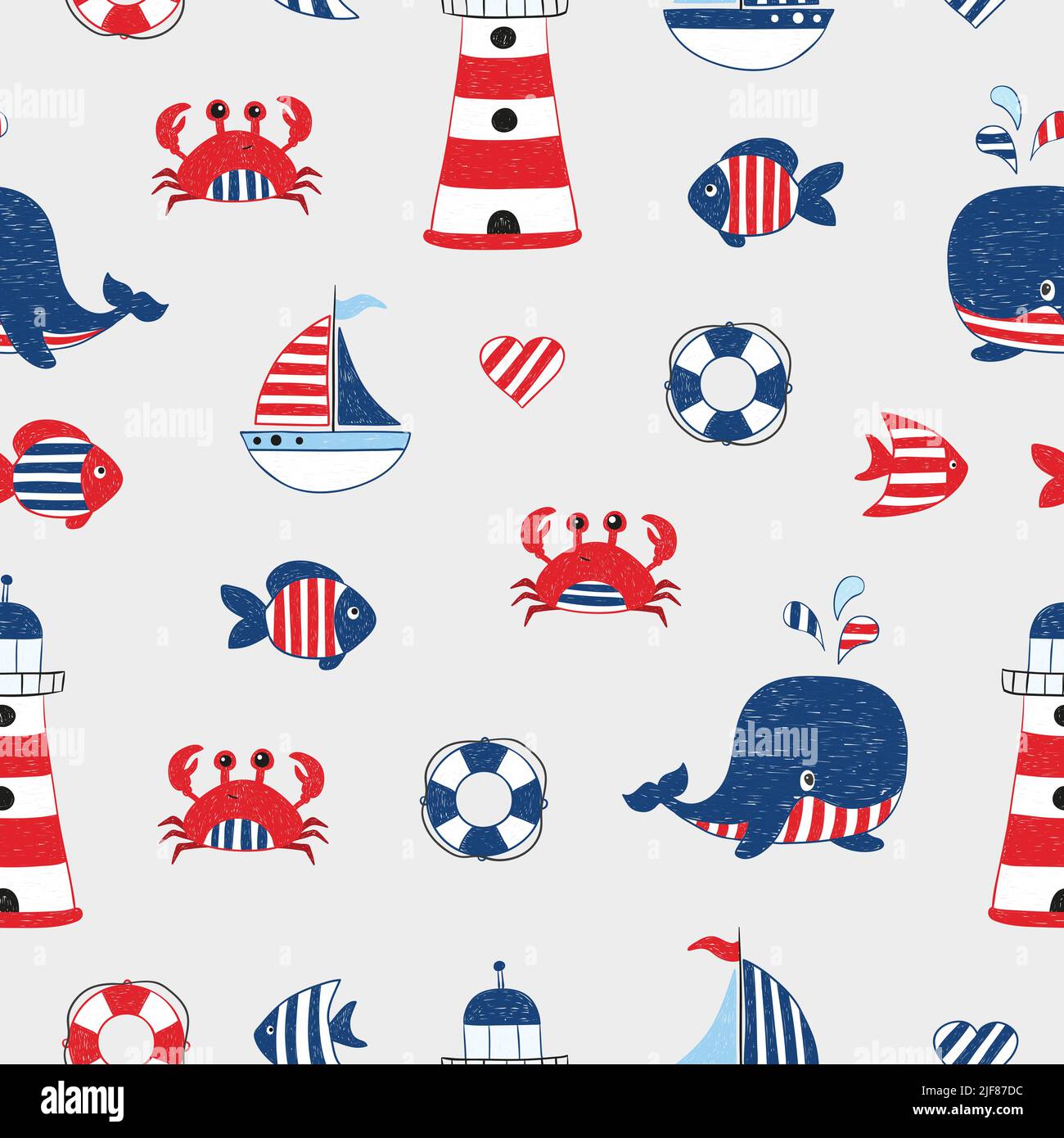 Cute sea seamless pattern. Marine theme with cartoon whale, boat, fish ...