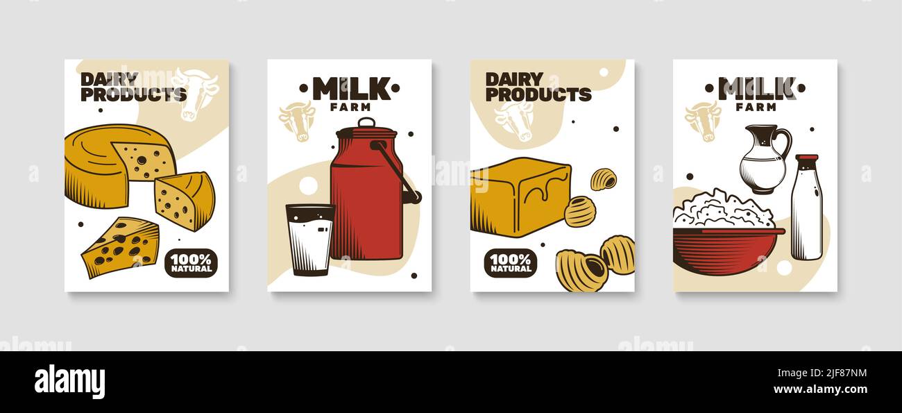 Milk farm poster set of colored compositions with fresh dairy products ...