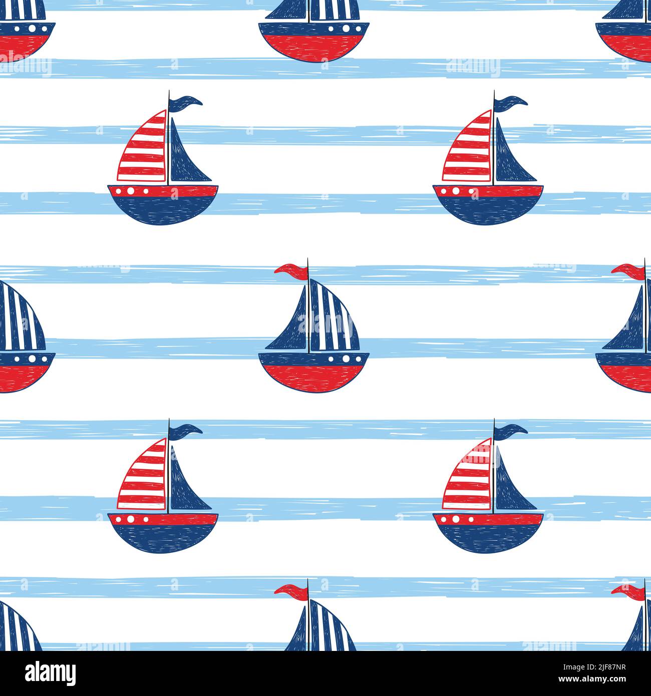 Seamless sea pattern with cute cartoon sailing boats. Vector marine ...
