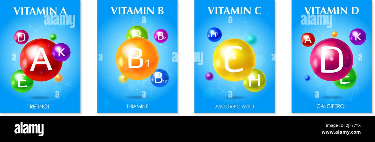 Multivitamins supplements 4 3d colorful realistic advertising posters ...