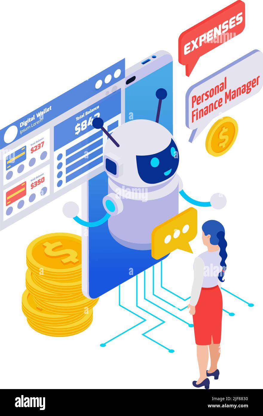 Finance manager digital wallet chatbot application isometric icon 3d ...