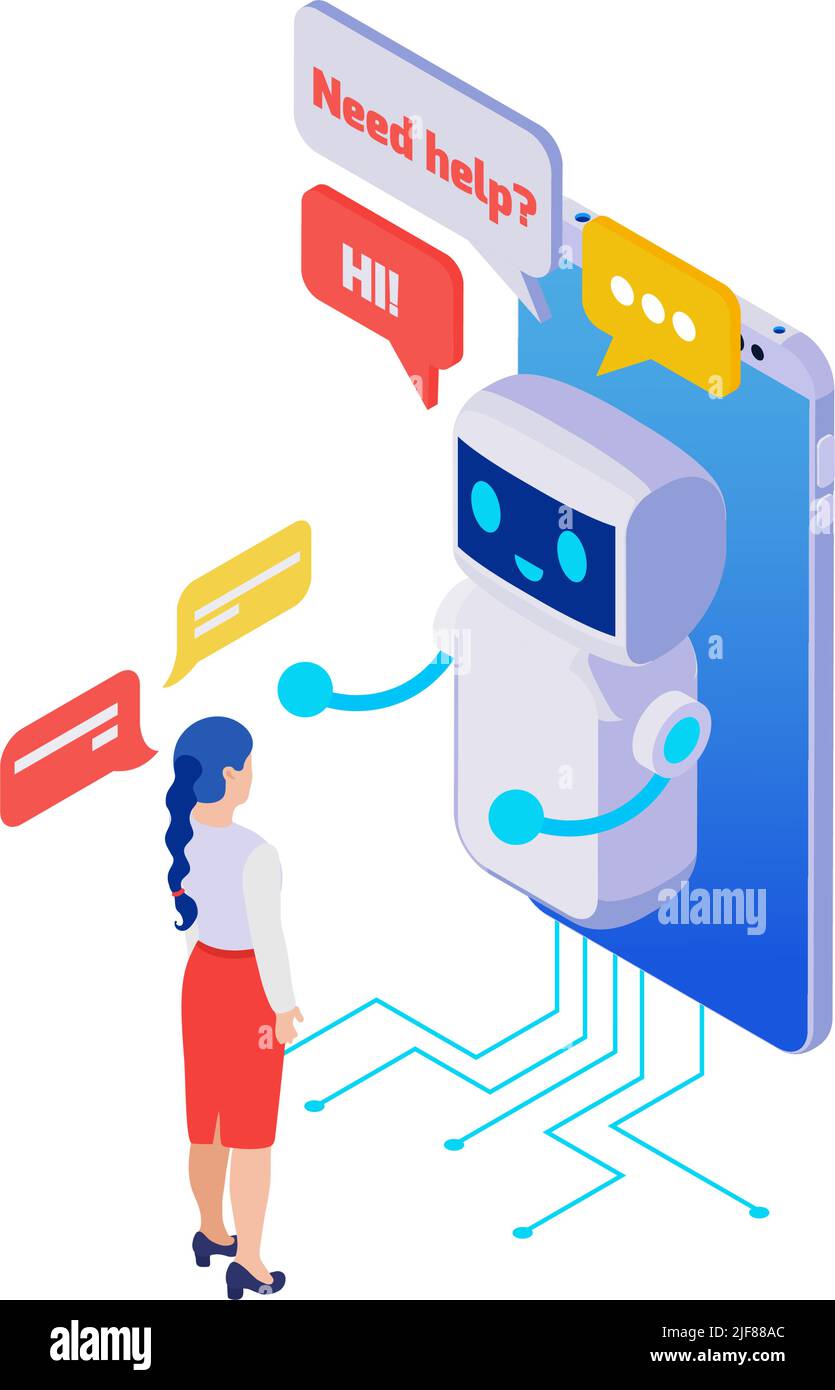 Woman character talking to smiling smartphone chatbot 3d isometric ...