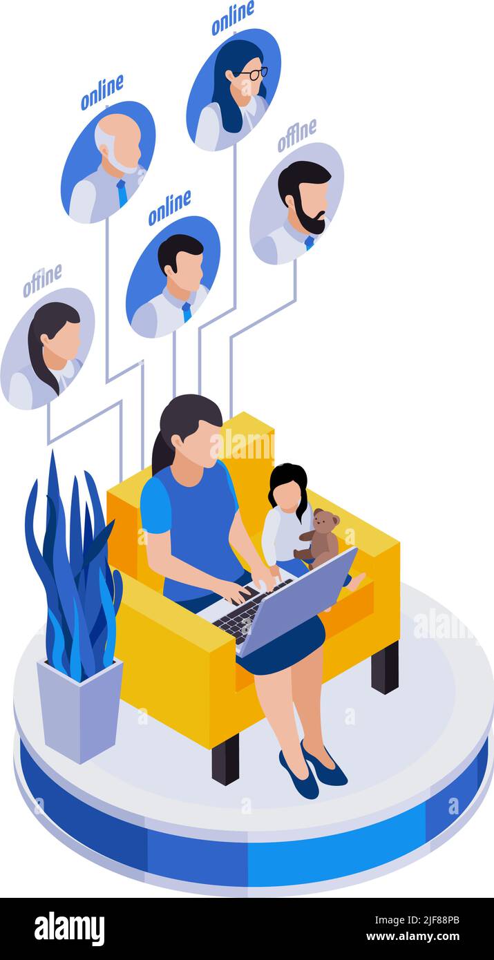 Remote management distant work isometric icons composition with working ...