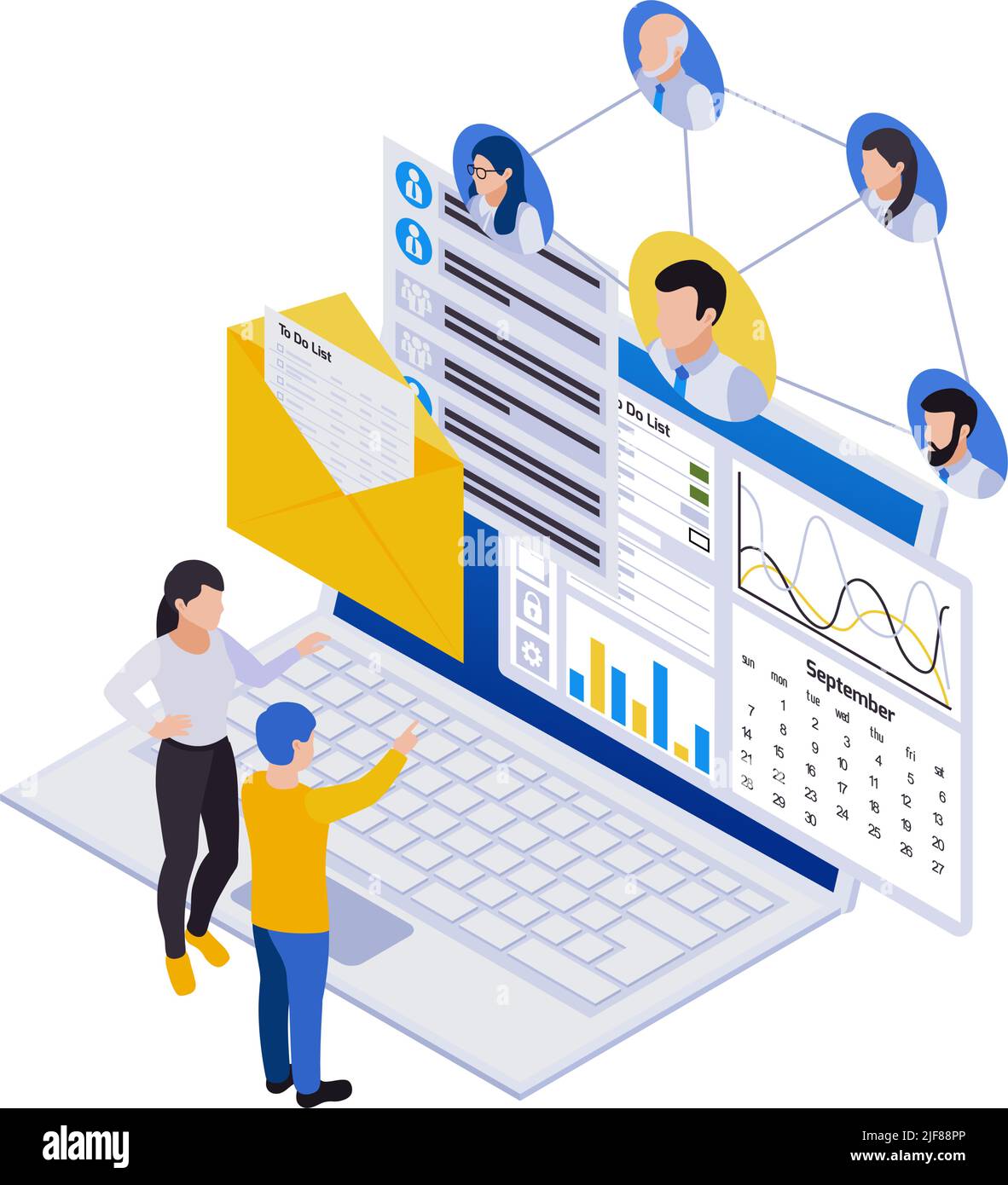 Remote management distant work isometric icons composition with laptop ...