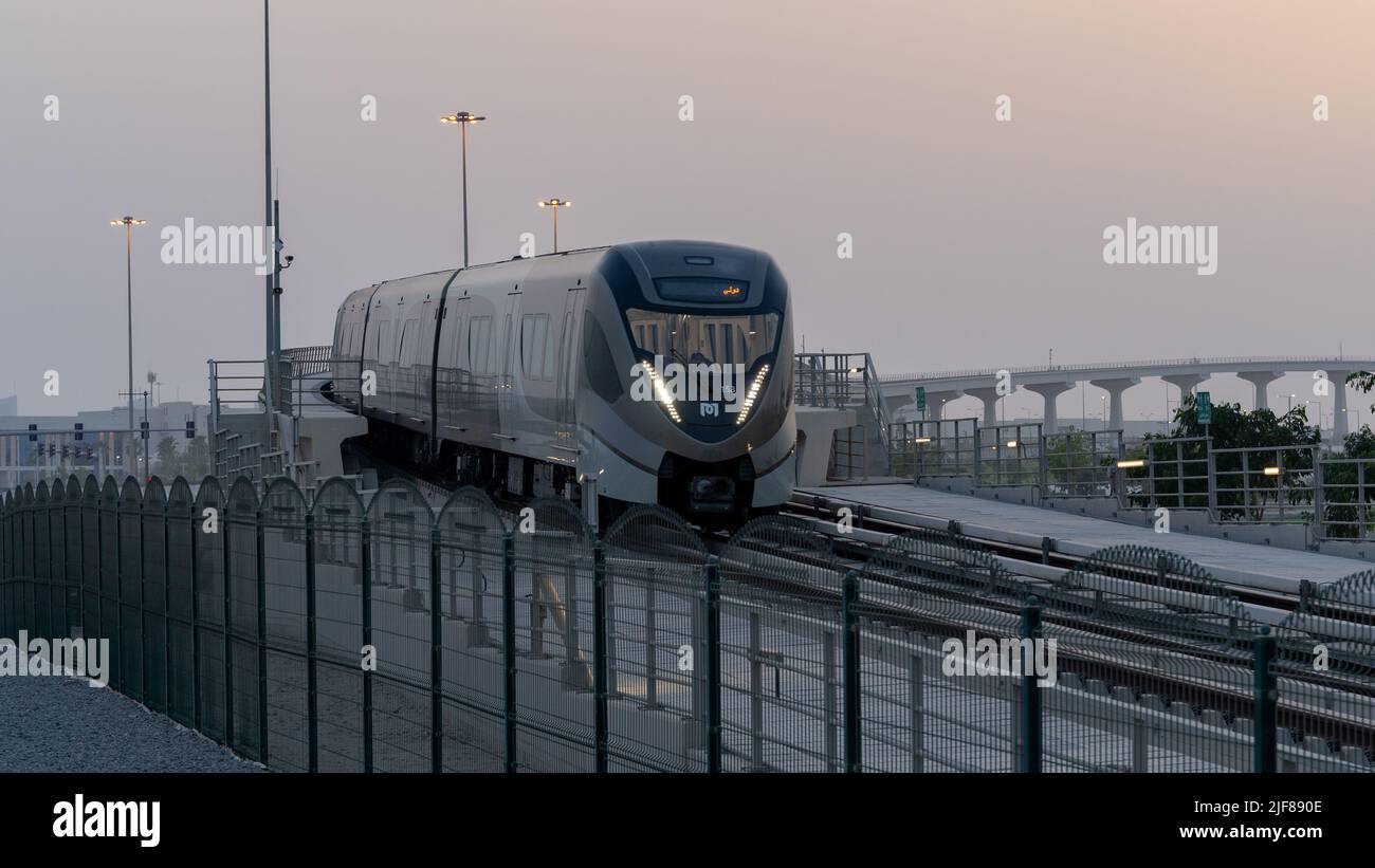 Doha, Qatar- June 06,2022 :Qatar red line metro traveling through the ...
