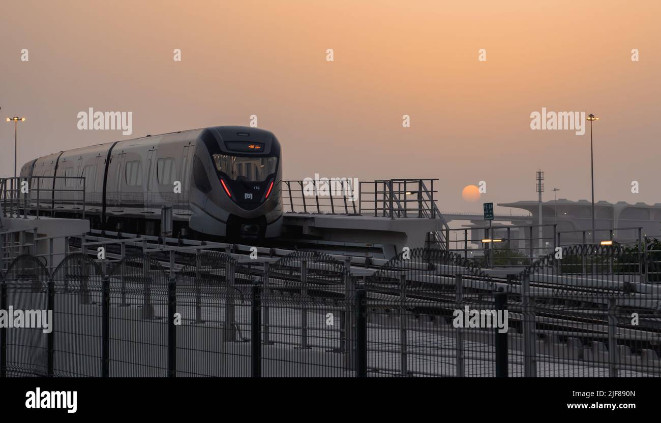 Doha, Qatar- June 06,2022 :Qatar red line metro traveling through the ...
