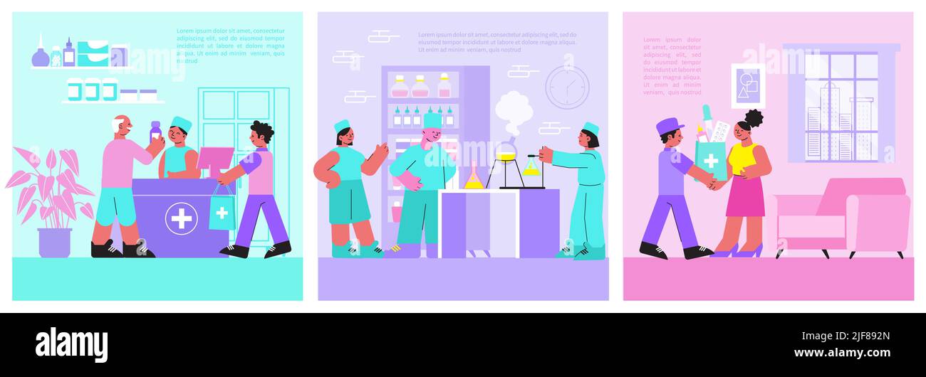 Pharmacy 3 flat posters set with people buying prescription and over ...