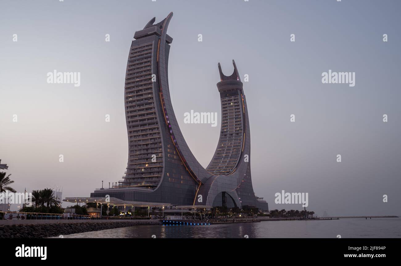 Lusail, Qatar- June 06, 2022: The crescent tower in the newly ...
