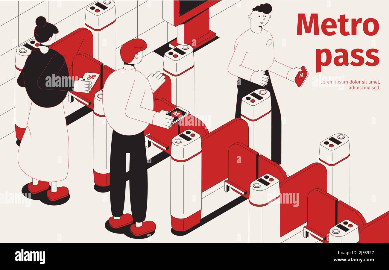 Subway pass isometric composition in black and red color with ...