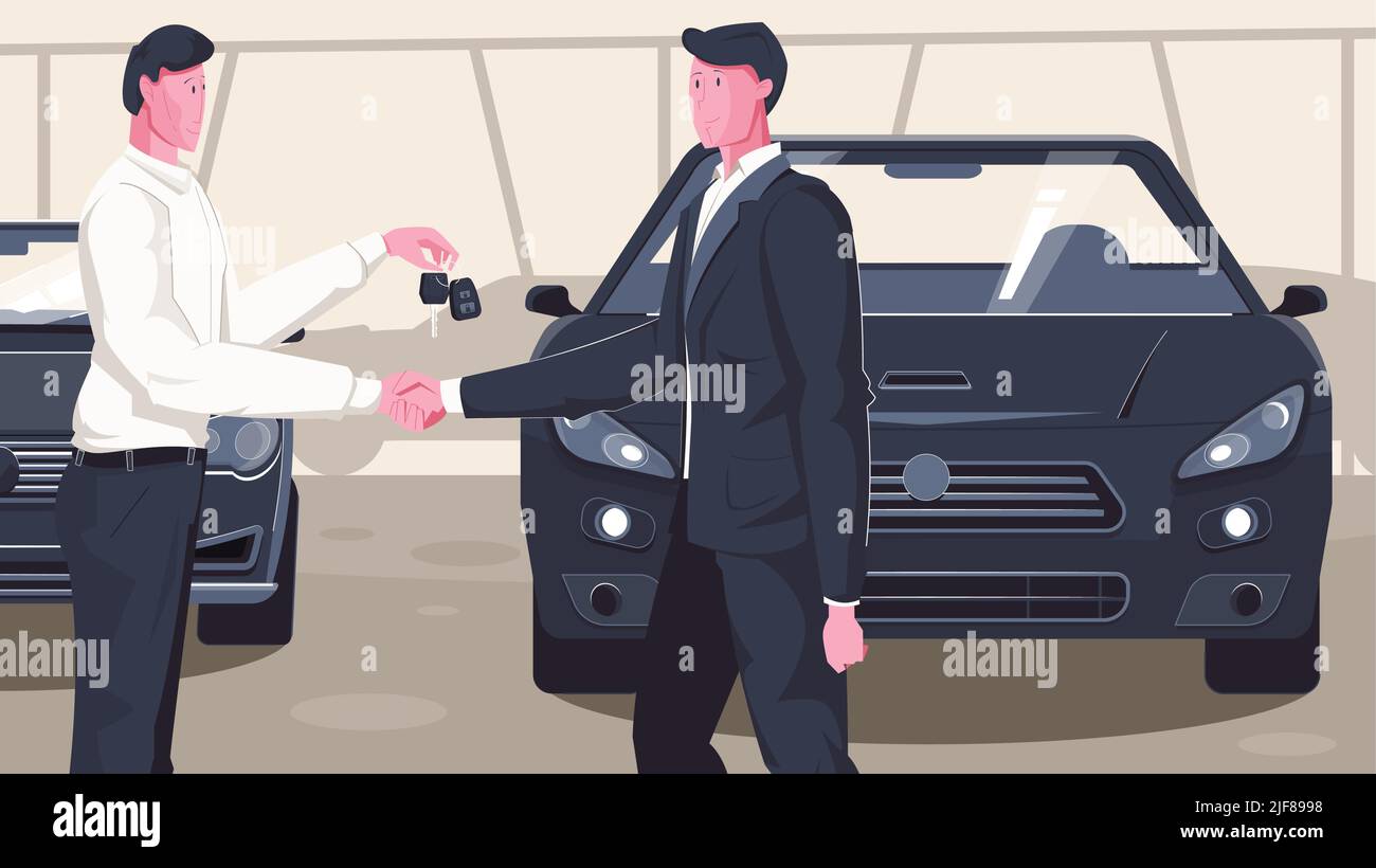 Used car dealer flat composition with human characters of automobile ...