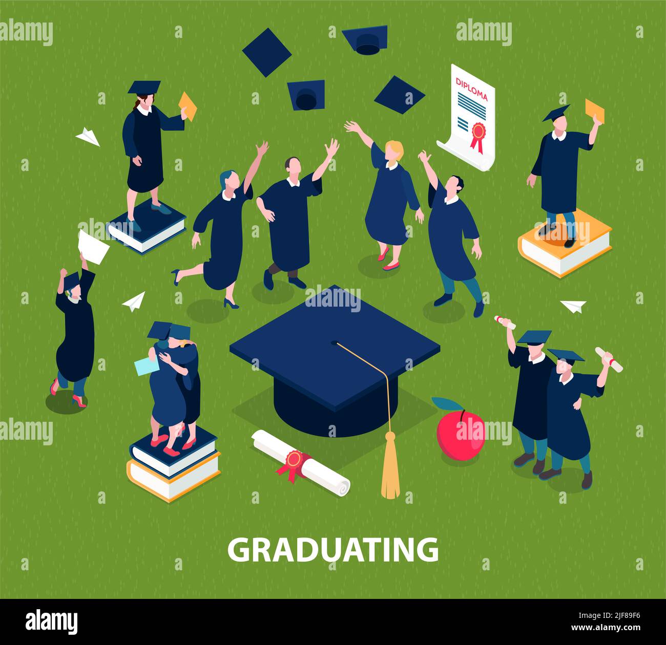 Graduating students concept with education symbols isometric isolated ...