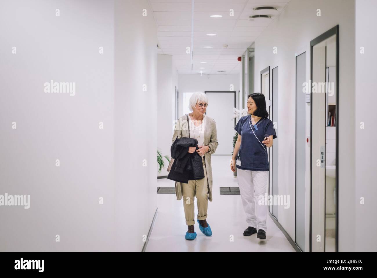 Doctor walking with patient in hospital corridor hi-res stock ...