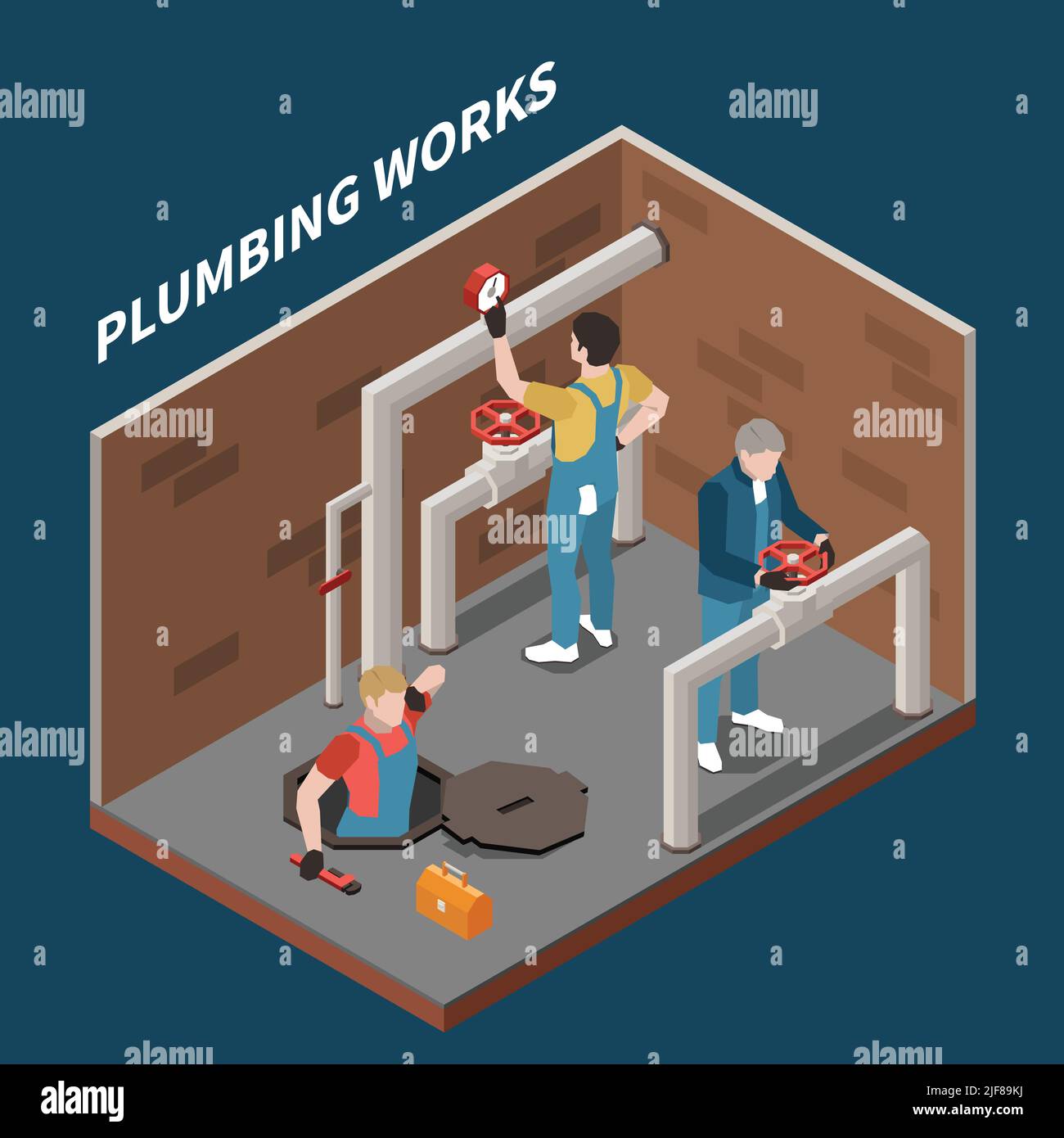 Plumber isometric concept with three workers repair pipes and plumbing ...