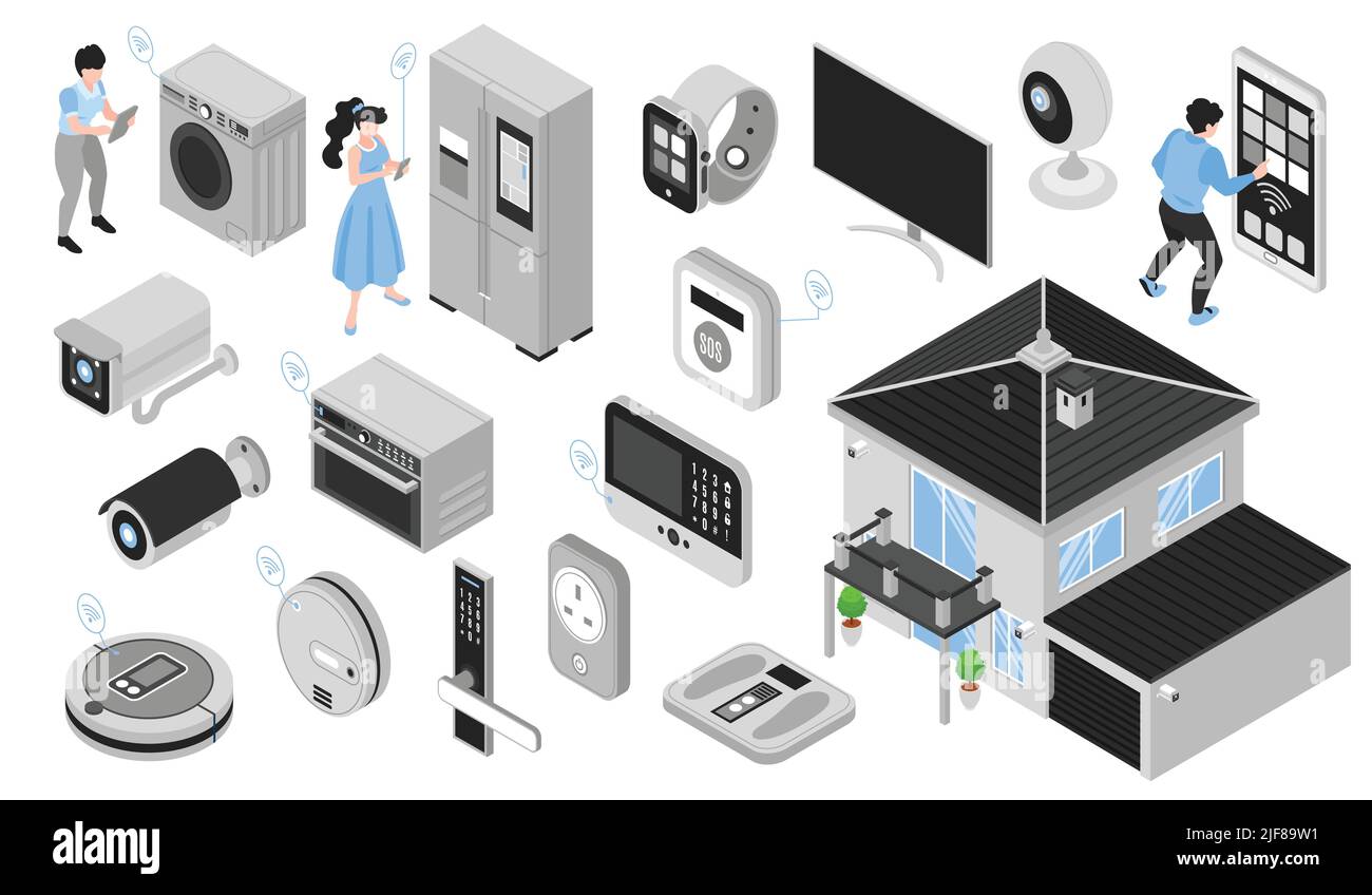 Isometric smart home horizontal set with isolated icons of electronic ...