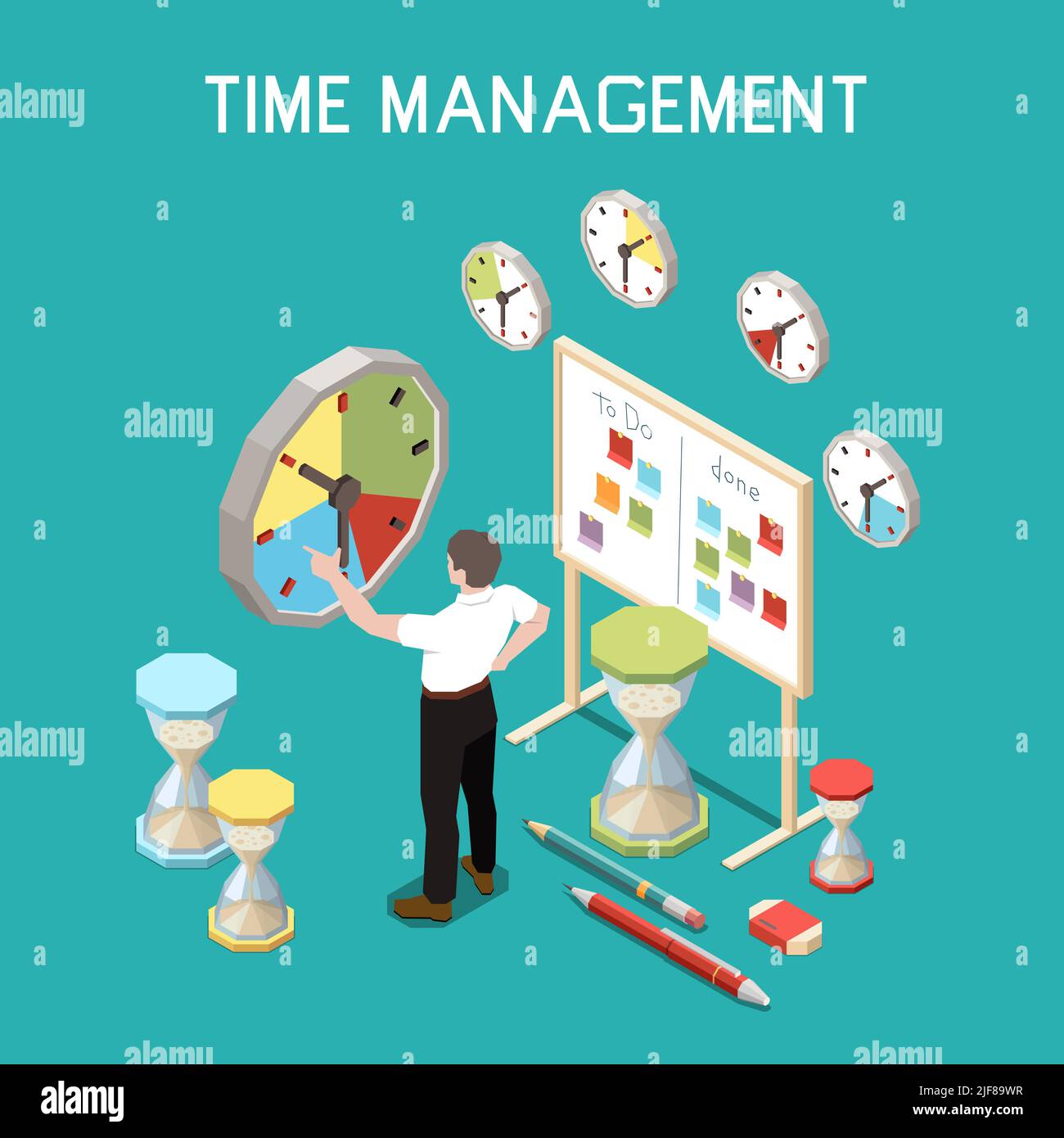 Soft skills isometric composition with time management concept and man ...