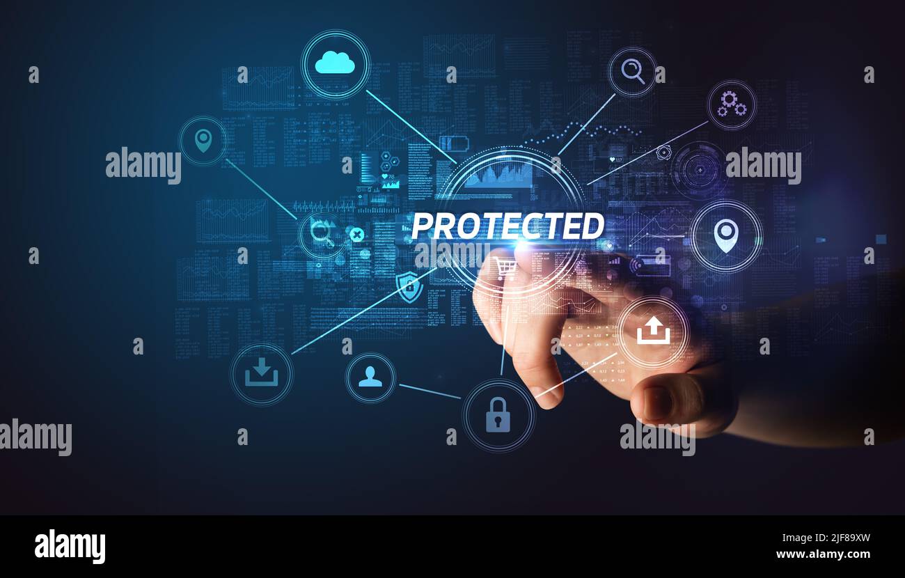Hand touching cybersecurity button concept Stock Photo - Alamy