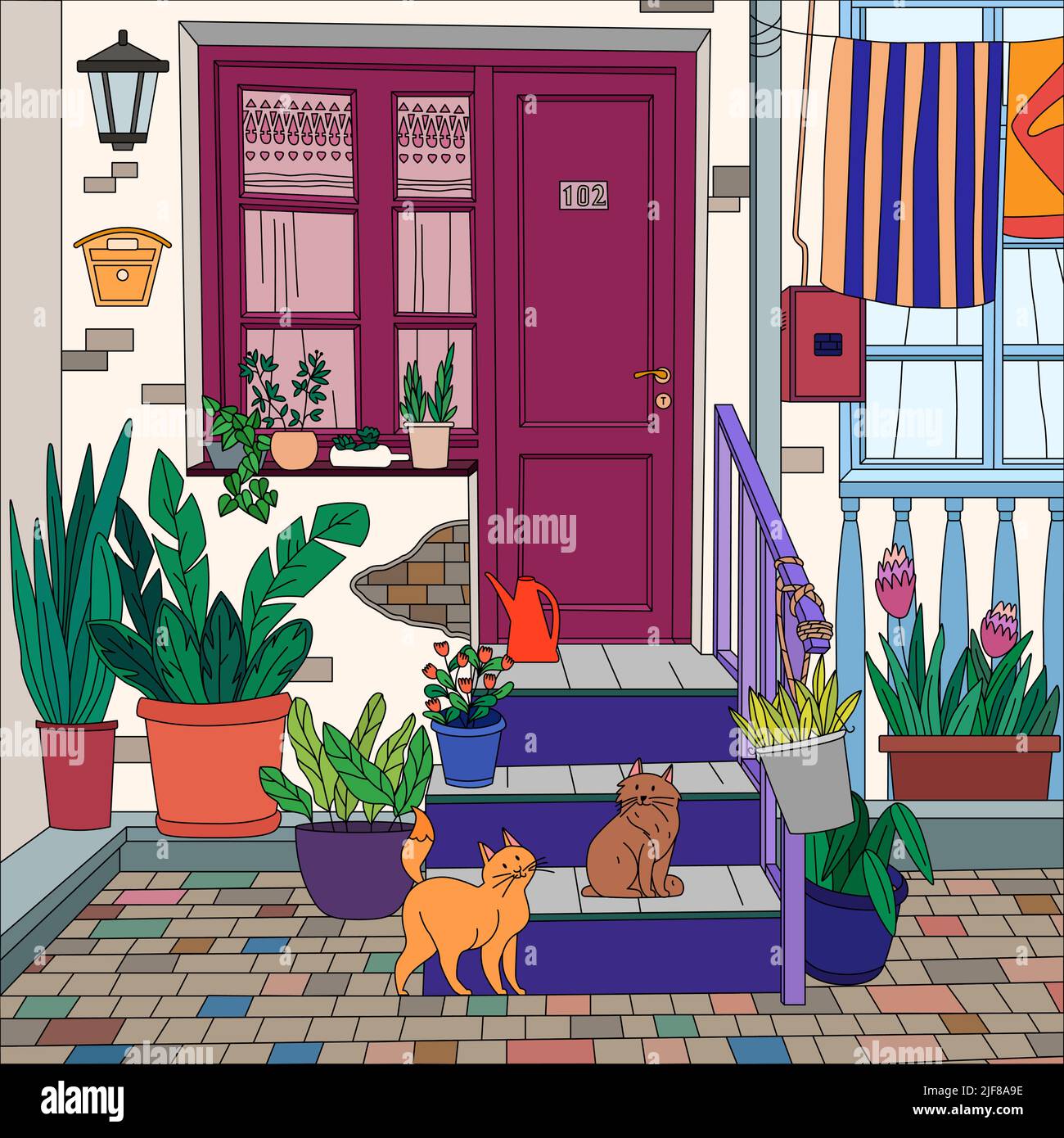 Printable coloring page for kids adults with house entrance front porch ...